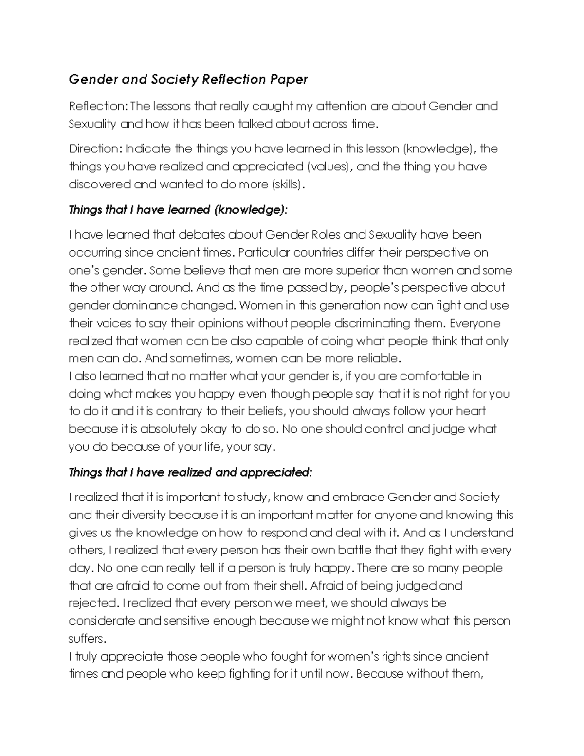 Gender and Society Reflection Paper: Insights on Gender Roles and ...