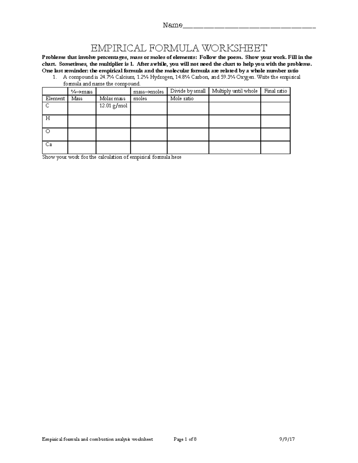 Empirical Formula Worksheet: Calculating Formulas & Analysis - Studocu