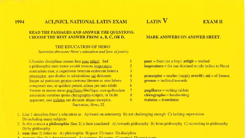 1994 NLE LATIN V EXAM H: EDUCATION OF NERO PASSAGE ANALYSIS - Studocu