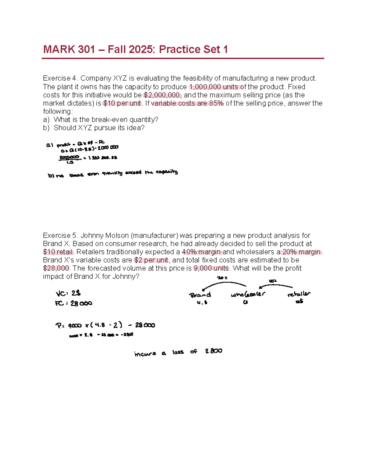 MARK 301 Fall 2025: Practice Set 1 - Feasibility Analysis Exercises ...