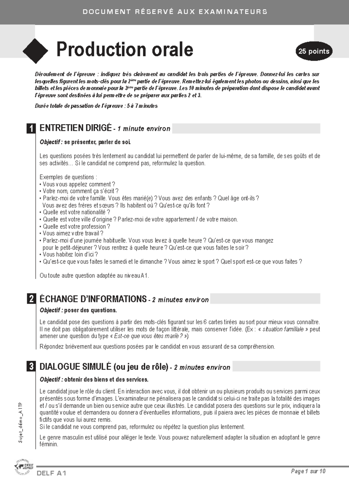 DELF A1 - Production Orale: Guide pour l'Entretien et Échanges - Studocu