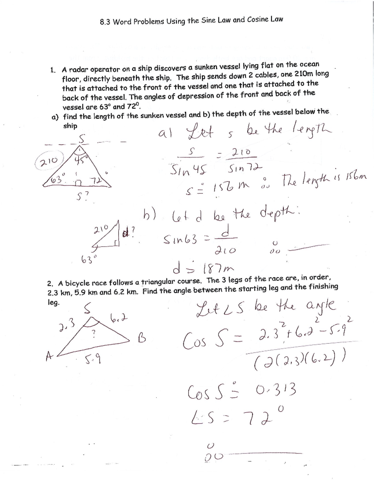 Lesson 8: Sine and Cosine Law Word Problems Analysis - Studocu