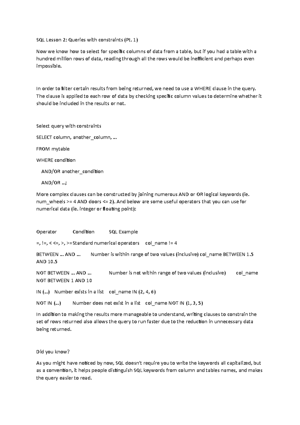 Sql Lesson 2 Basic Structure Of Sql Queries Sql Lesson 2 Queries With Constraints Pt 1