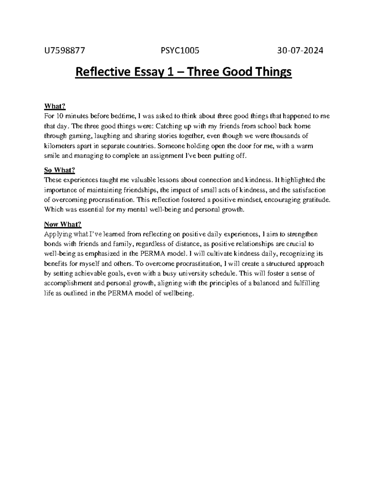 Reflective Essay 1 - Three Positive Experiences | PSYC1005 - Studocu