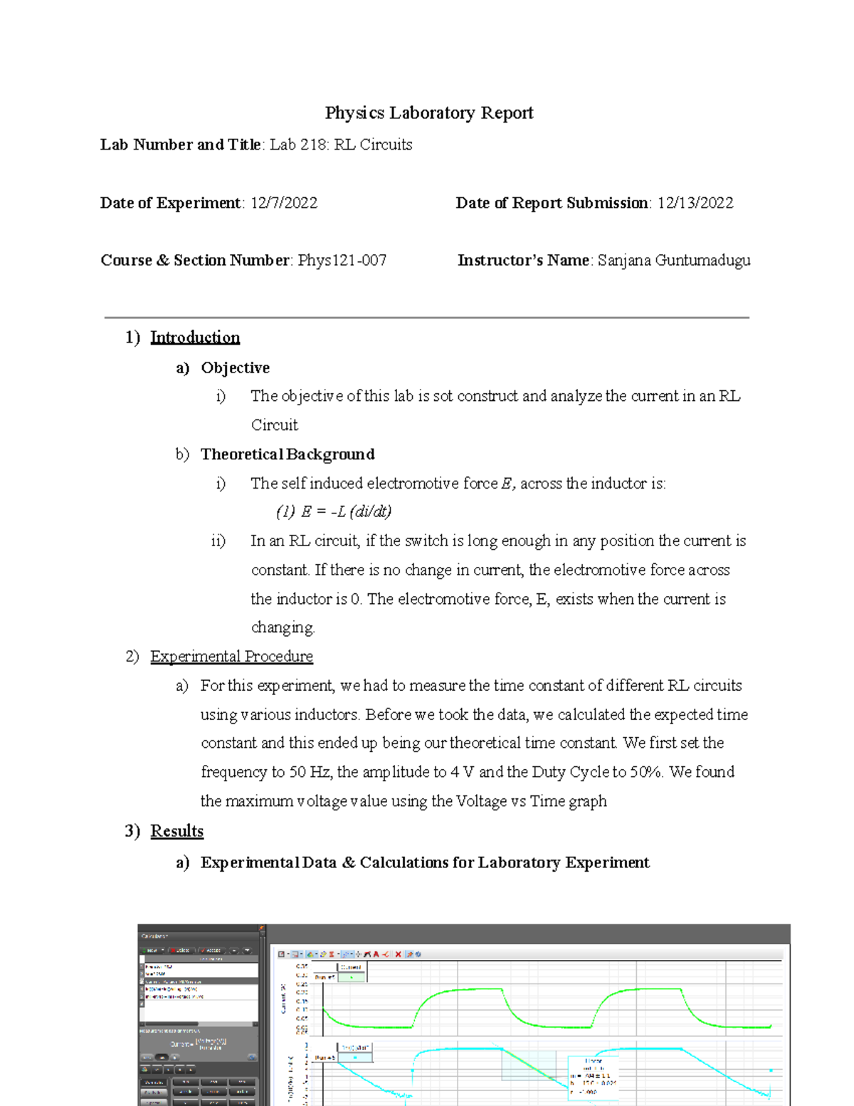 Lab 218 Rl Circuits 2 Lab Report Physics Laboratory Report Lab Number And Title Lab 218 Rl