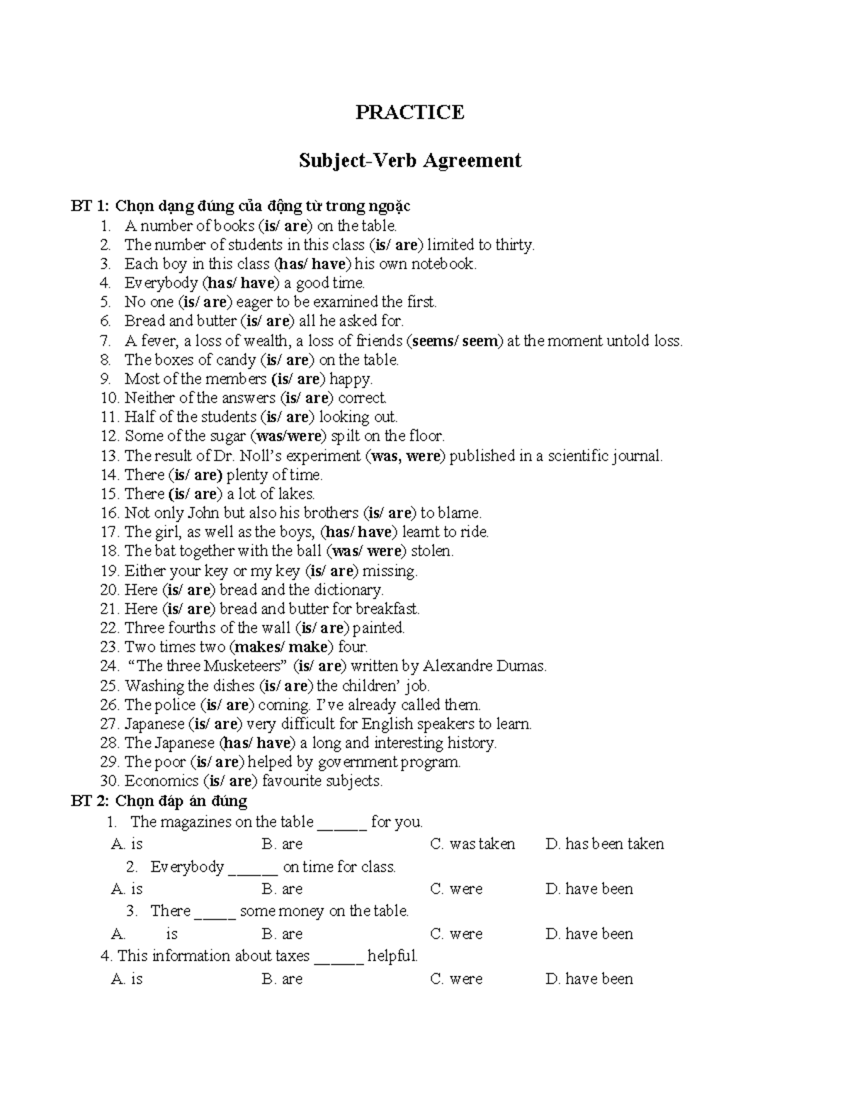 Practice Agreement BT 1 & BT 2: Verb Form Selection Exercises - Studocu