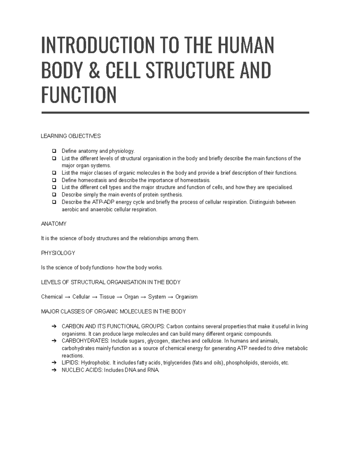 Chapter 1 Introduction TO THE Human BODY & CELL Structure AND Function ...