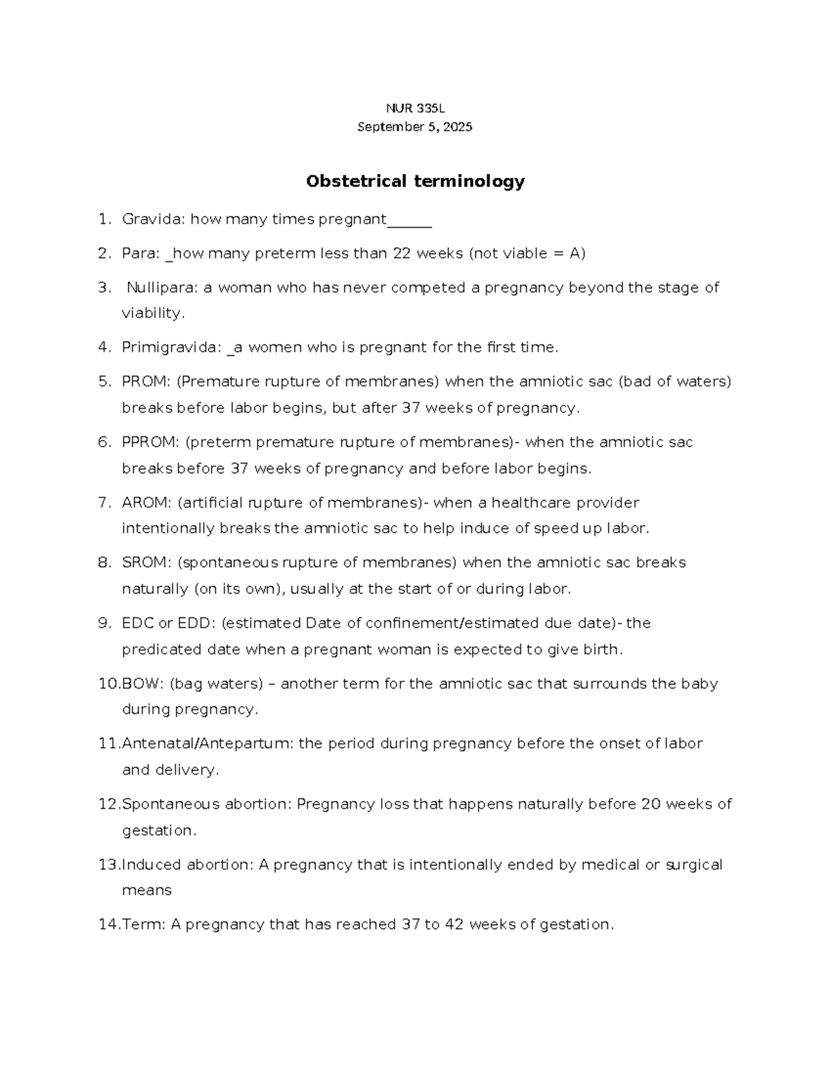 NUR 335L Obstetrical Terminology Worksheet and Definitions - Studocu