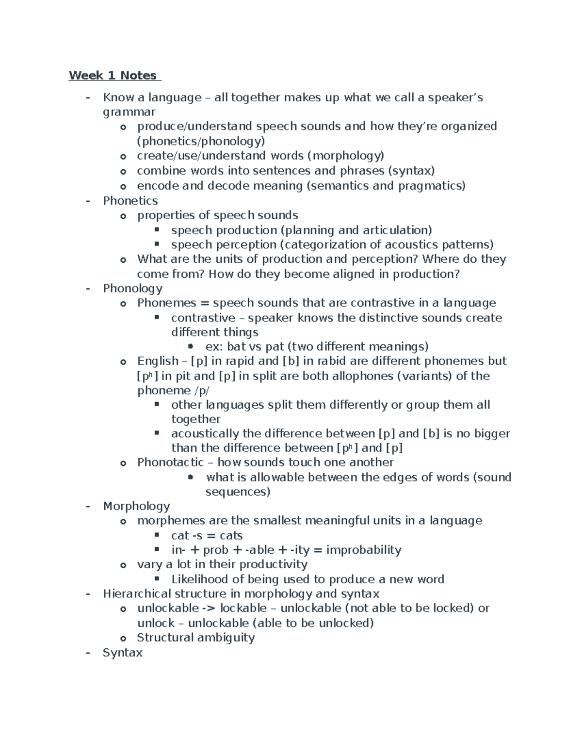 Inclass 302 Notes: Linguistics Overview and Language Acquisition ...