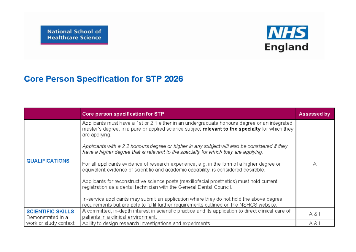 Core Person Specification for STP 2026 Applicants - Studocu