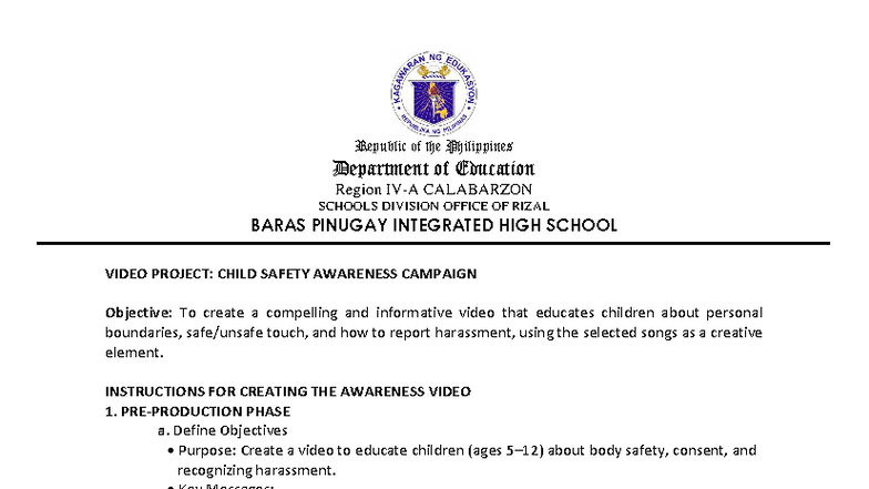 Video Project: Child Safety Awareness Campaign - SDSDSDS - Studocu