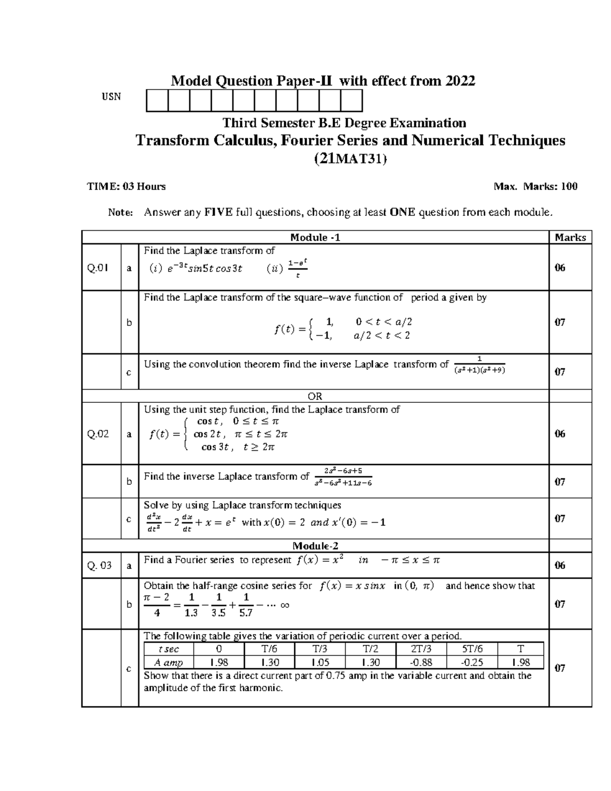 21MAT31 Model Question Paper-II Solutions for 2022 Semester Exam - Studocu