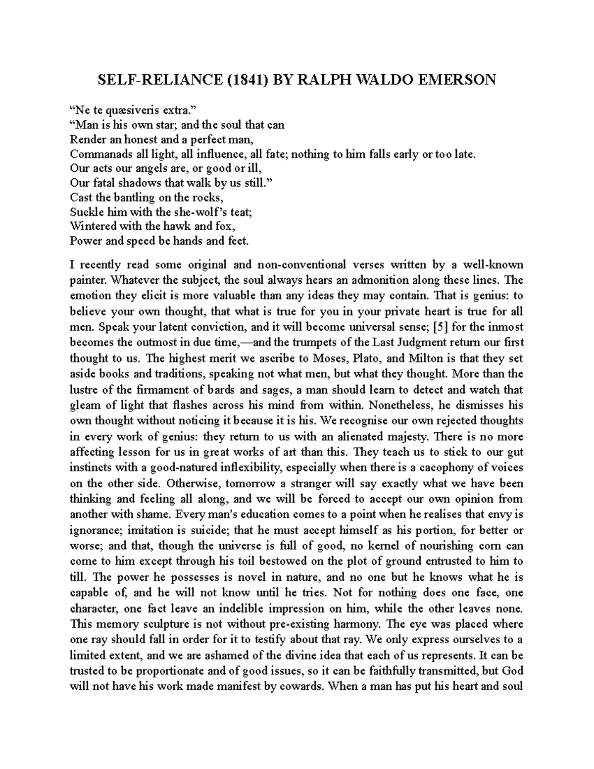 SELF Reliance BY Ralph Waldo Emerson - SELF-RELIANCE (1841) BY RALPH ...