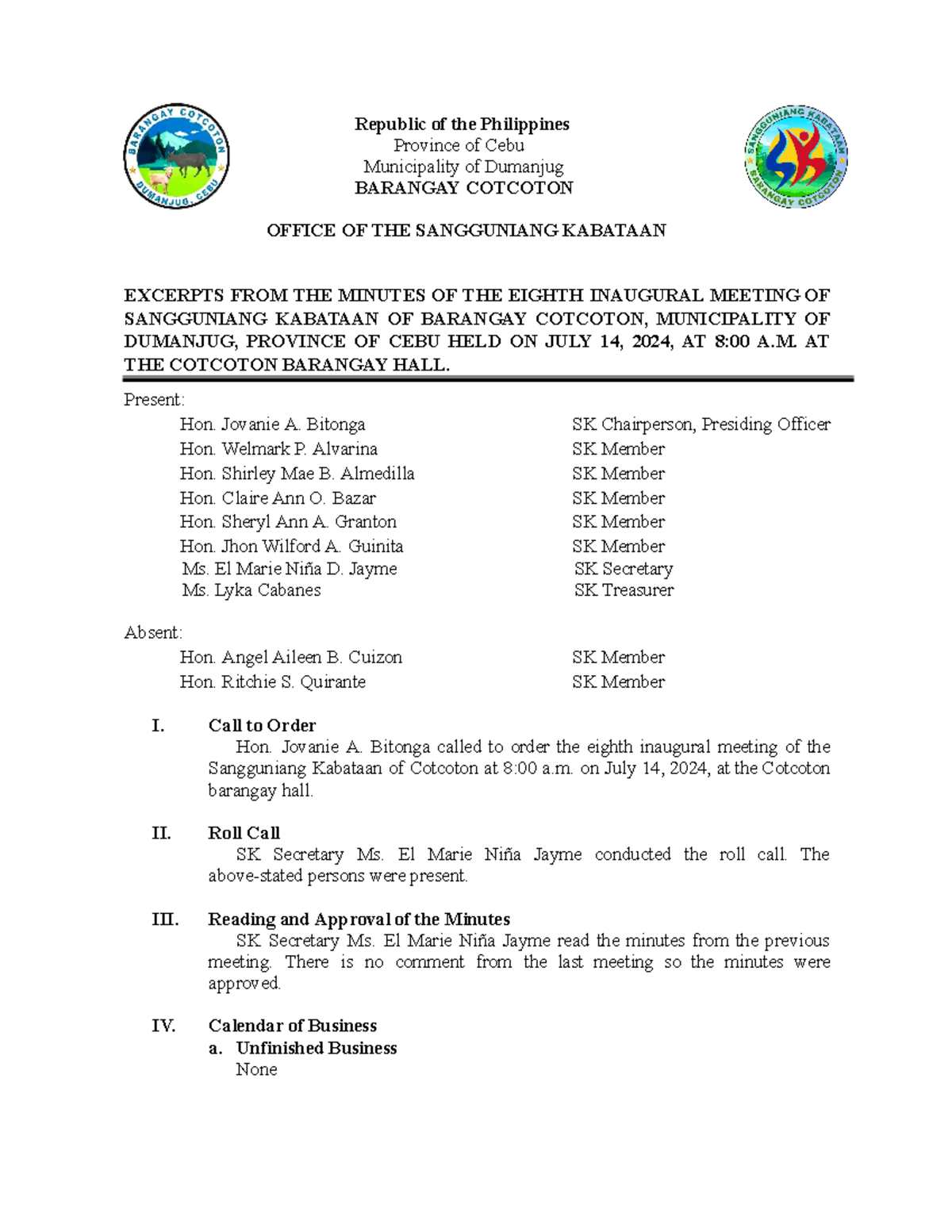 8th session - Republic of the Philippines Province of Cebu Municipality ...