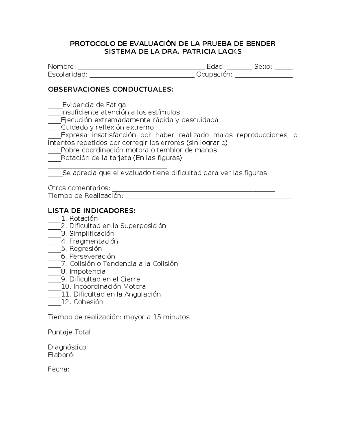 PROTOCOLO DE EVALUACIÓN DE LA PRUEBA DE BENDER - DRA. P. LACKS - Studocu