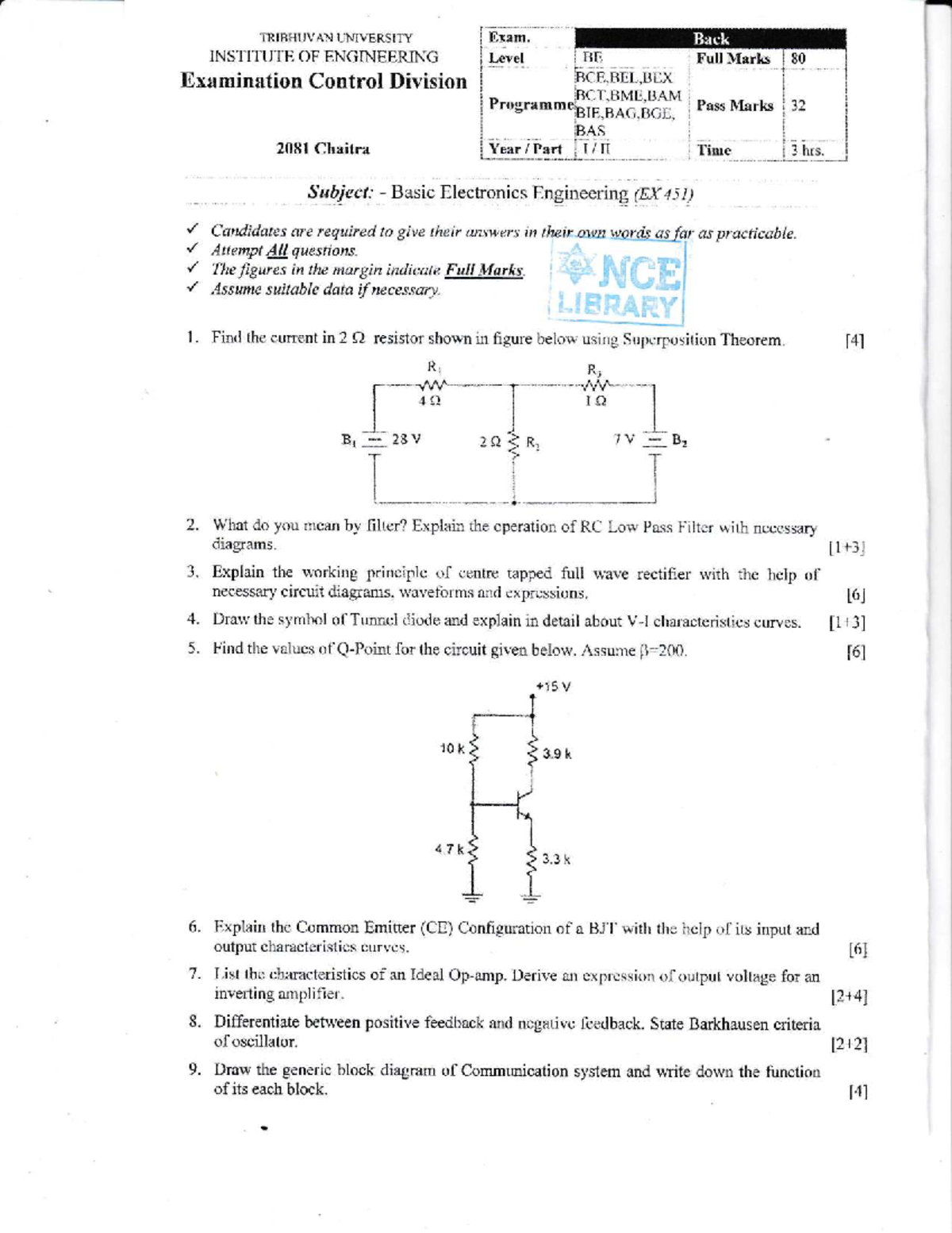 Electronics Questions for BE (EX 451) - Comprehensive Exam Review - Studocu