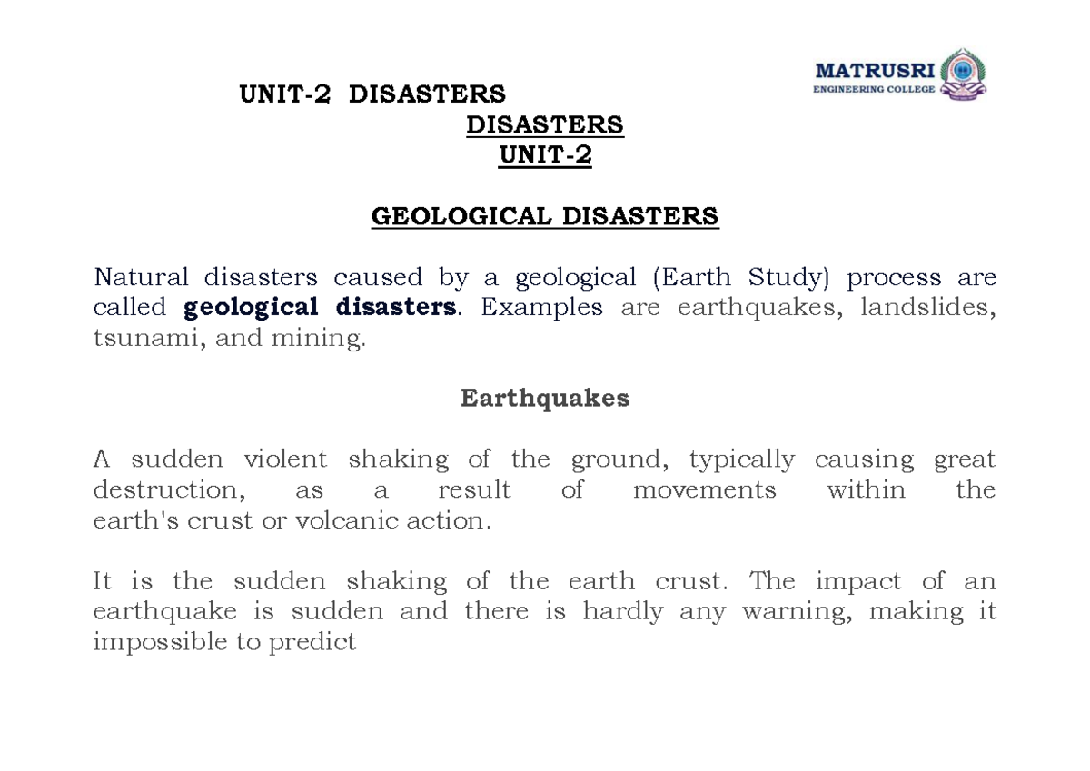 DM Unit 2 Notes - helps you - DISASTERS UNIT- GEOLOGICAL DISASTERS ...