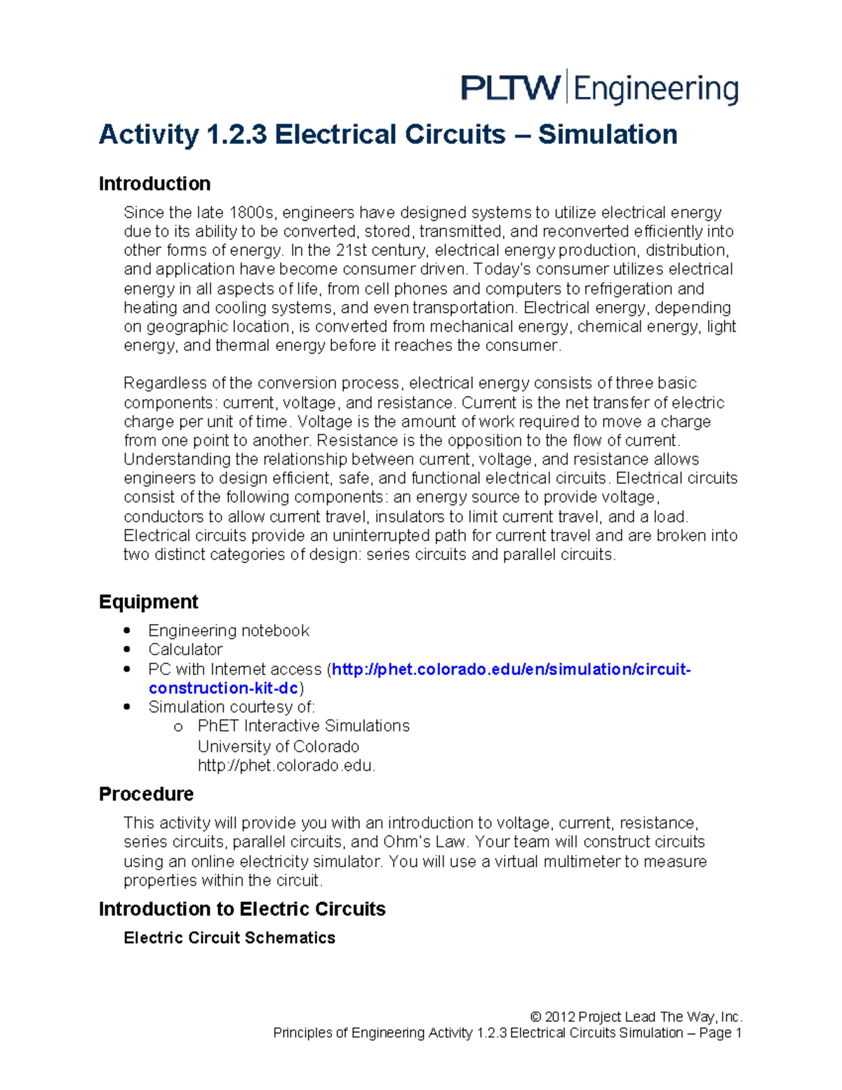 Activity 1.2.3: Intro to Electrical Circuits Simulation and Analysis - Studocu