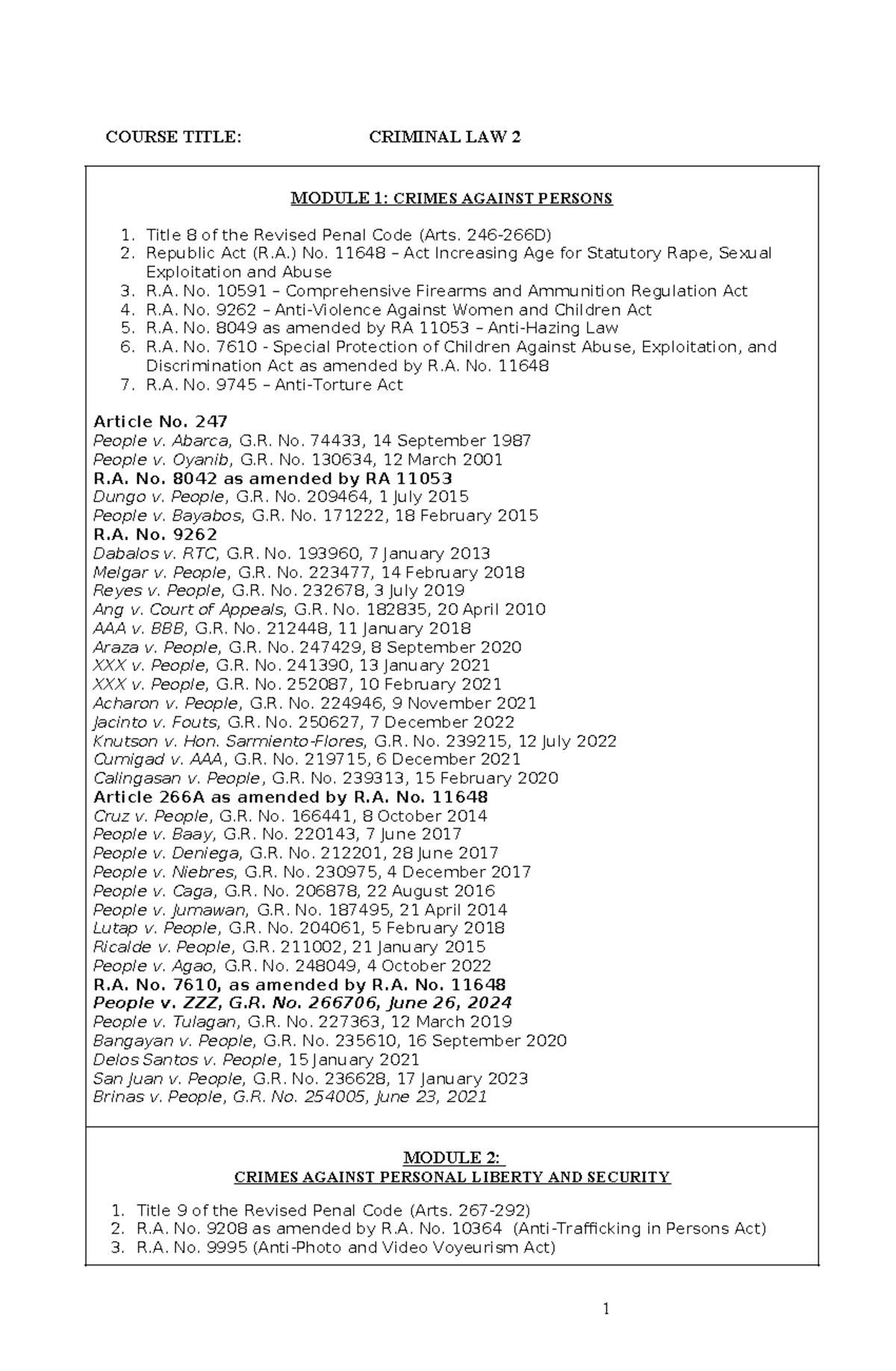 Criminal Law 2 Syllabus: Crimes Against Persons, Liberty, and Property ...