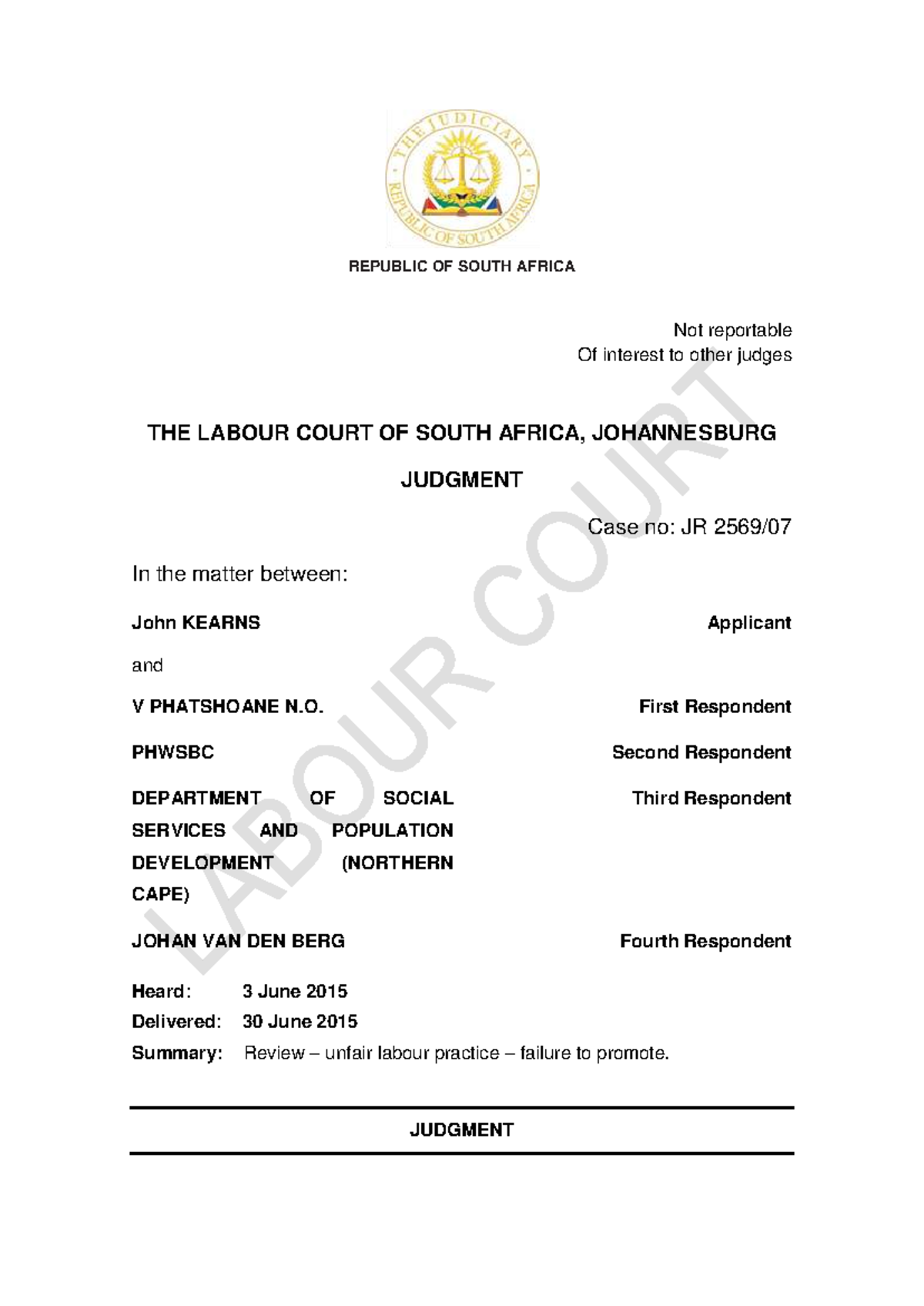 Case Review: Kearns vs. Phatshoane - Unfair Labour Practice (JR Case No ...