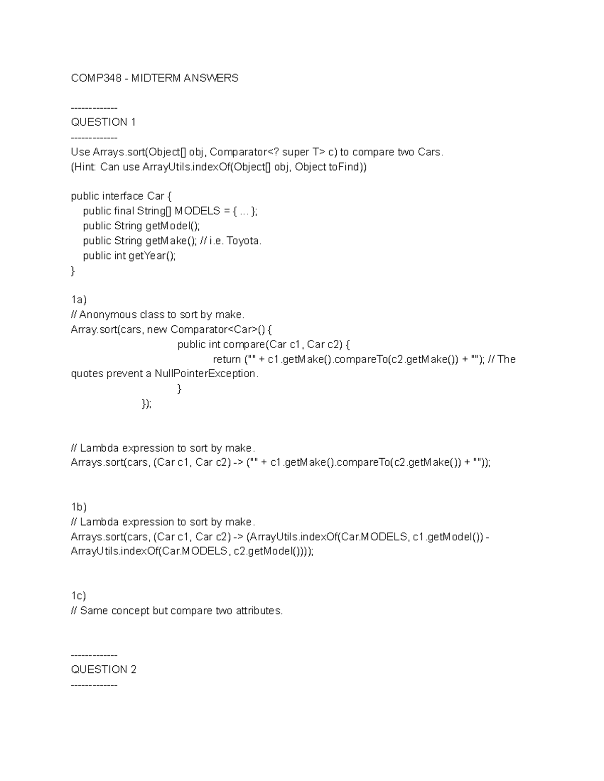 COMP348Miderm Answers - COMP348 - MIDTERM ANSWERS - QUESTION 1 - Use Arrays(Object[] obj, - Studocu