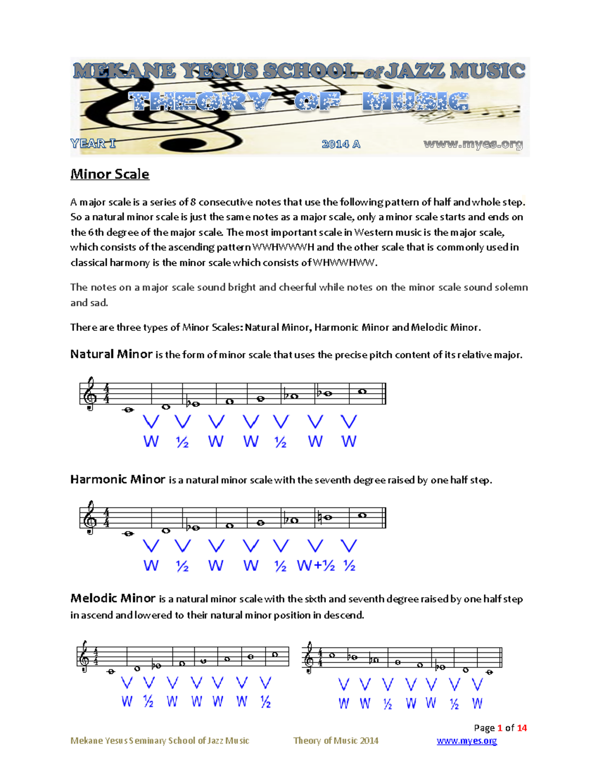 Music Theory I 2014 - Page 1 of 14 Minor Scale A major scale is a ...