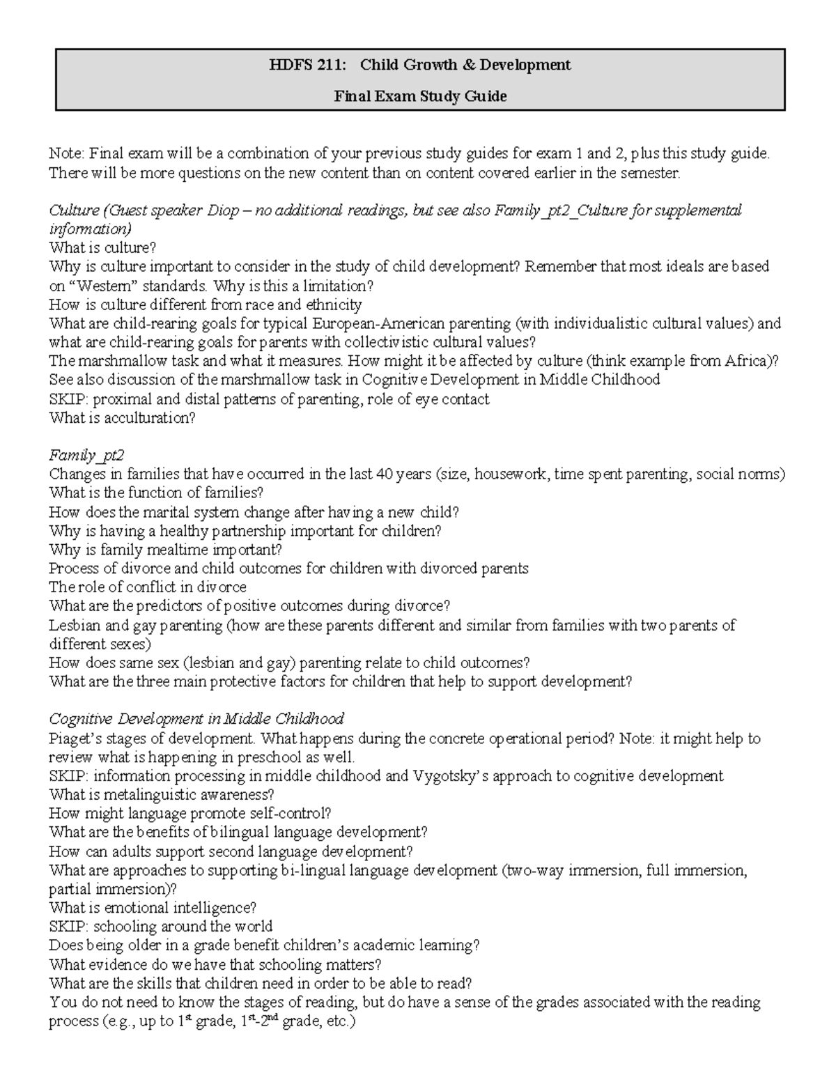 HDFS 211 Final Exam Review for Child Growth & Development Topics - Studocu