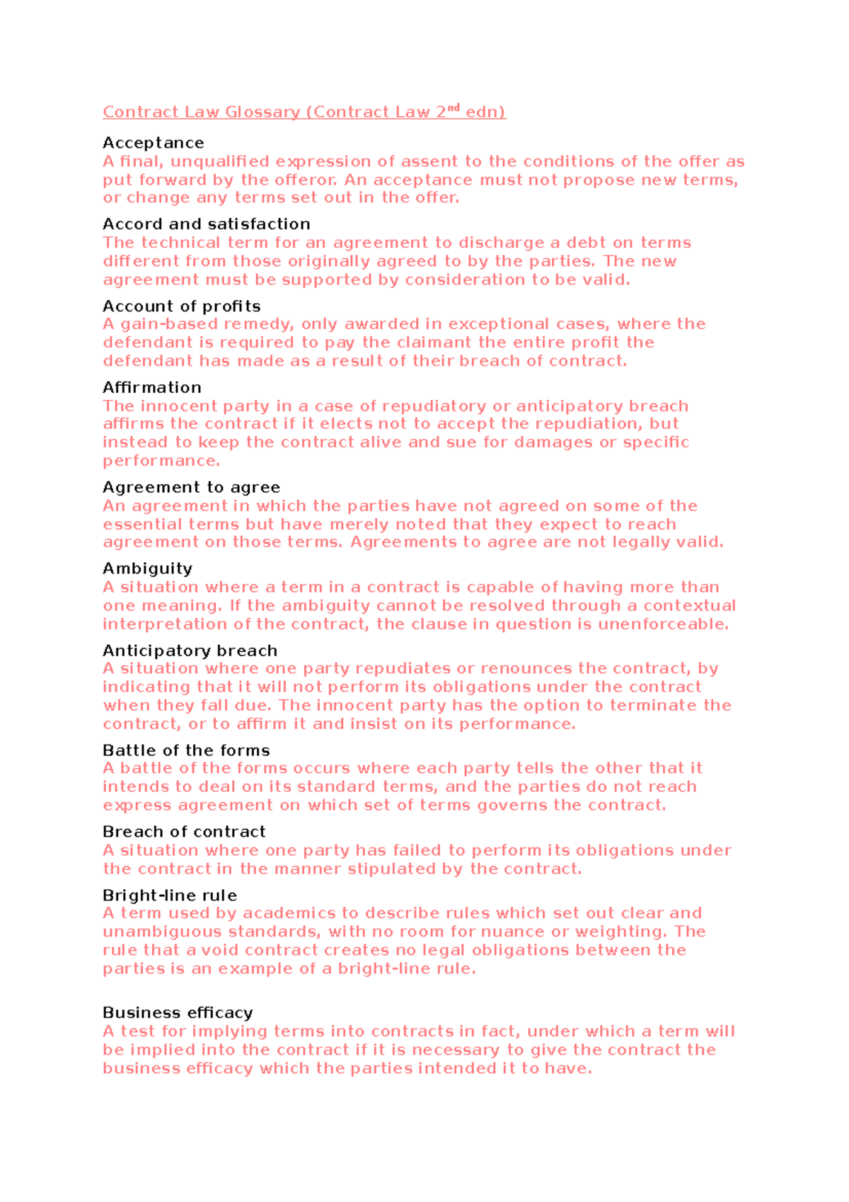 Contract Law Glossary & Key Terms (Contract Law 2nd edn) - Studocu