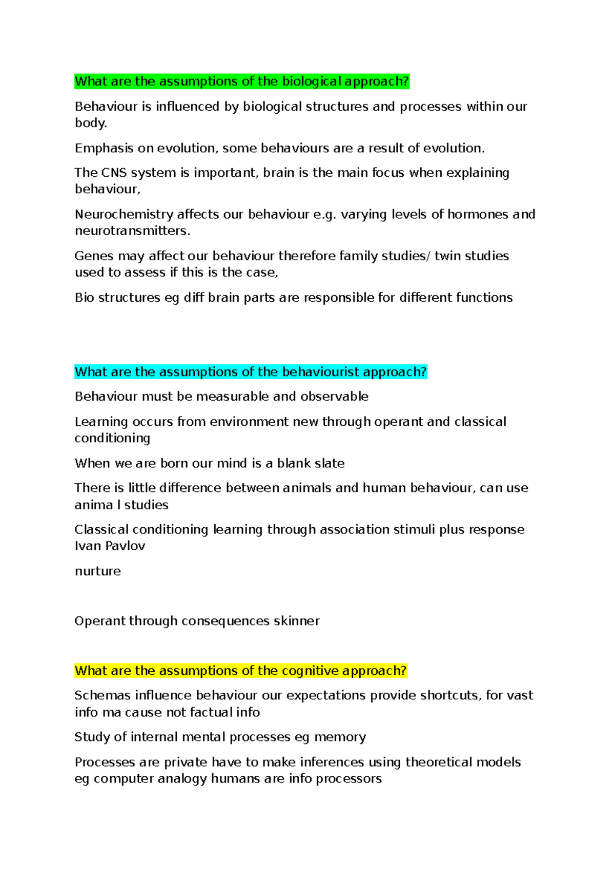 Psychological Approaches - Revision Notes (PSY101) - Studocu