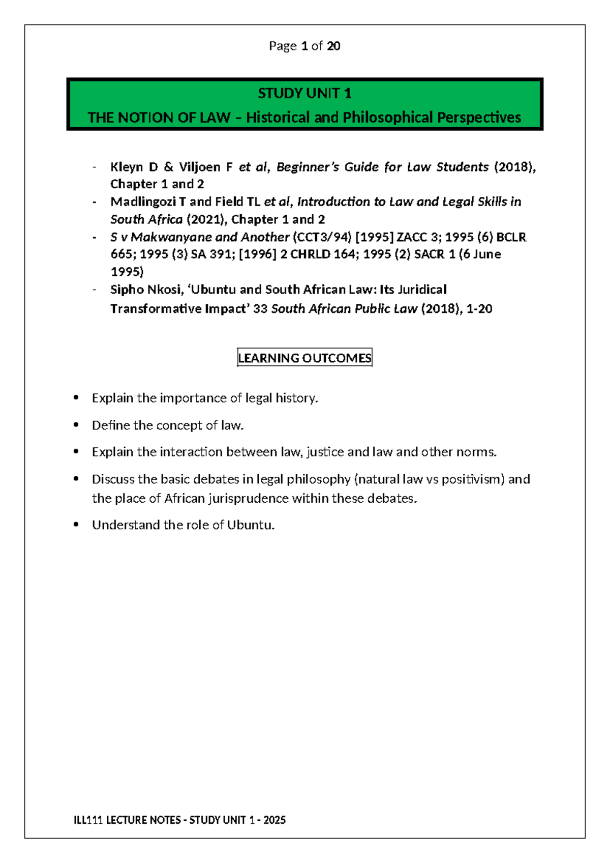 ILL111 Lecture Notes - Study UNIT 1: Law and Historical Perspectives ...