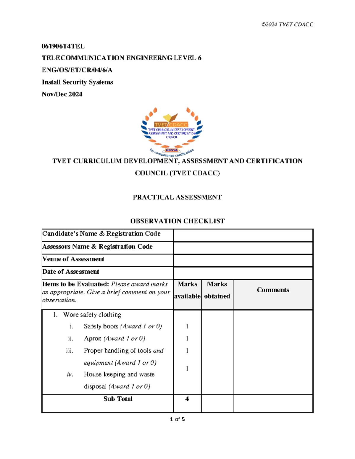 TVET CDACC 061906T4TEL Level 6 Practical Assessment: Security Systems ...