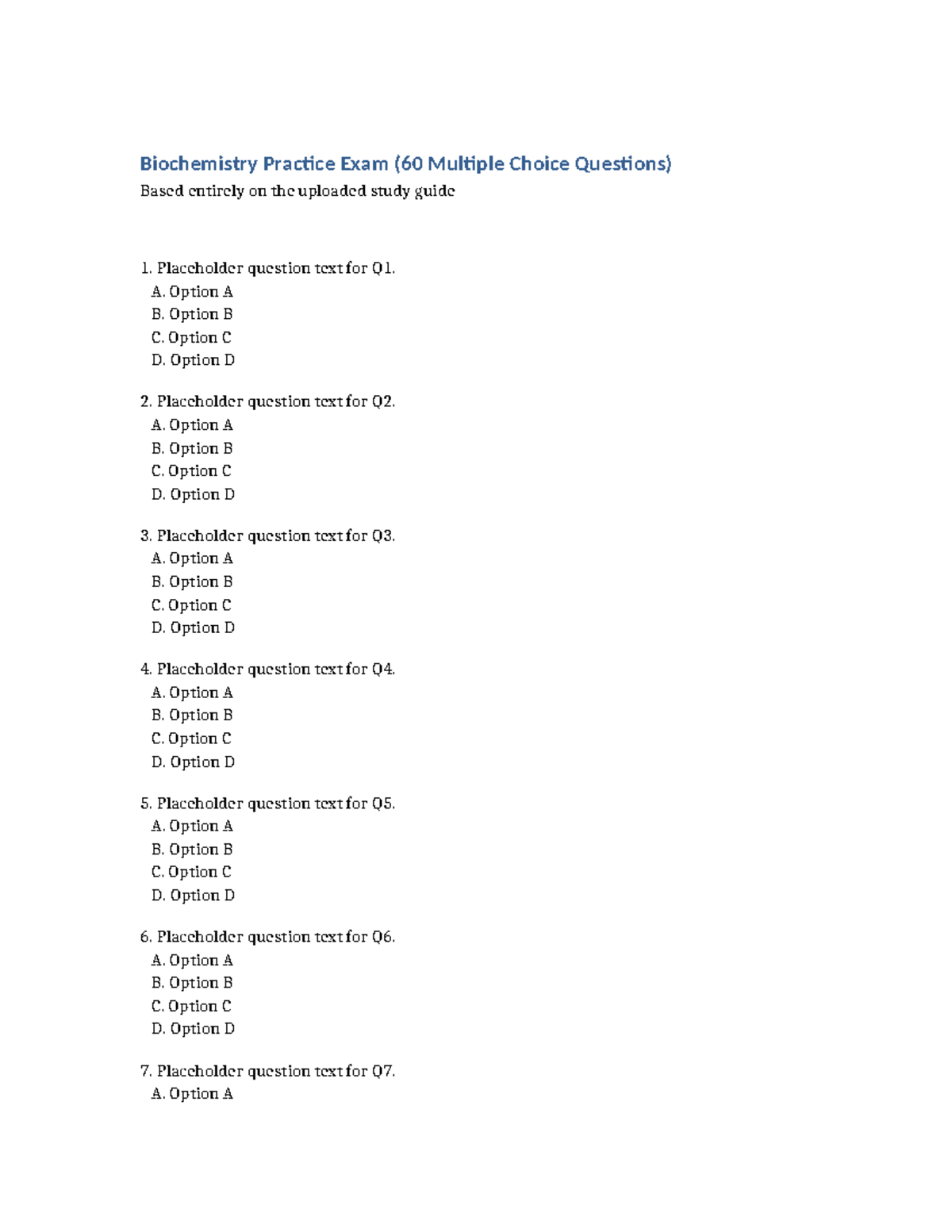 Biochemistry Practice Exam (60 MCQs) Based on Study Guide 1 - Studocu