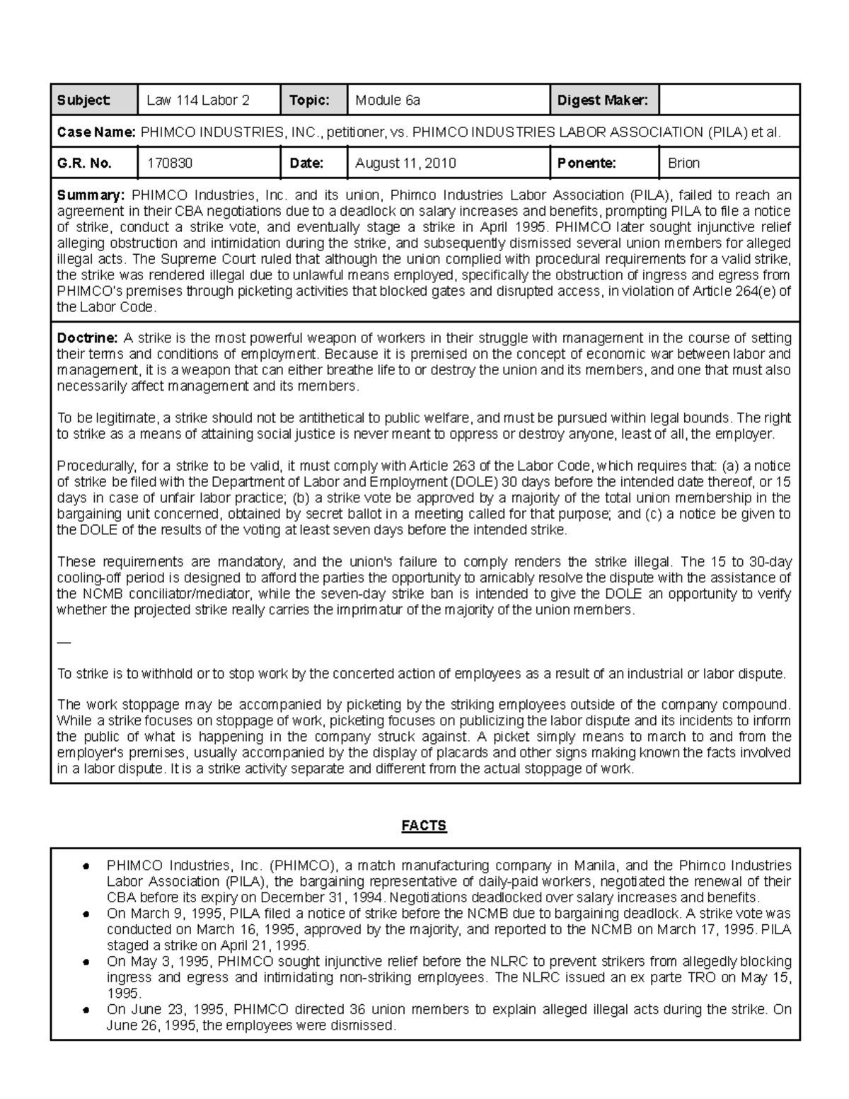 Law 114 Labor 2: Case Digest on PHIMCO v. PILA (G.R. No. 170830) - Studocu