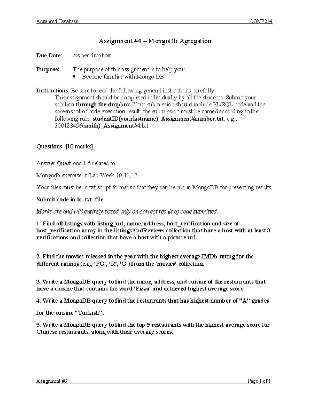 MongoDB Assignment 4 - Advanced Database COMP M2024-1 Questions - Studocu