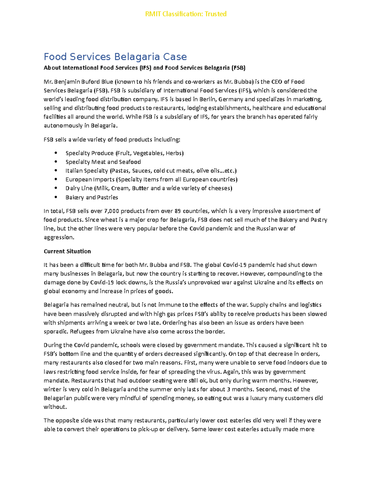 FSB Case v3 - Assignment 2 case study - Food Services Belagaria Case ...