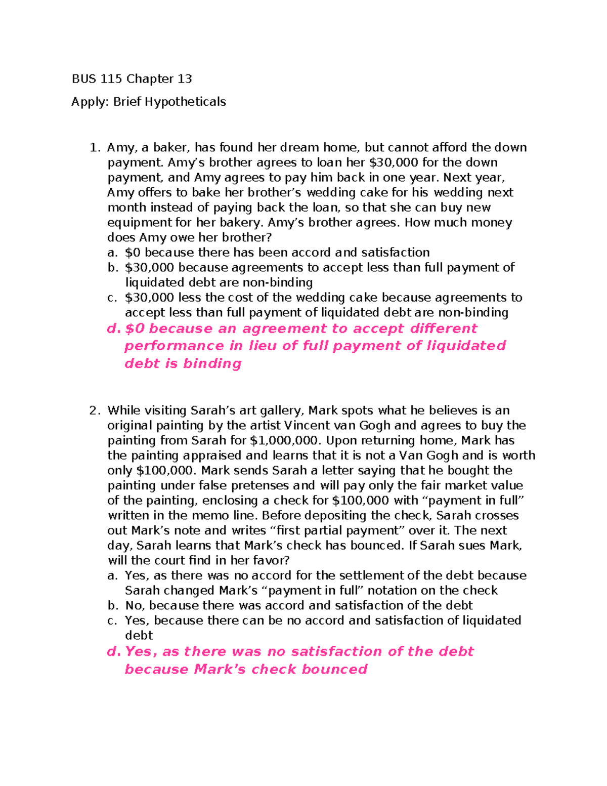 BUS 115 Chapter 13 Hypotheticals: Application and Analysis - Studocu