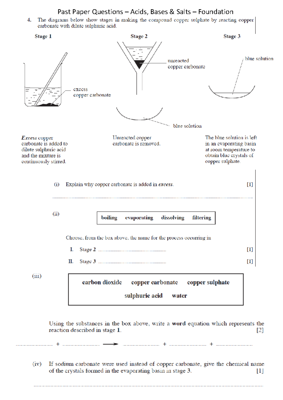 Unit 2 Past Paper Questions: Acids, Bases & Salts - Foundation - Studocu