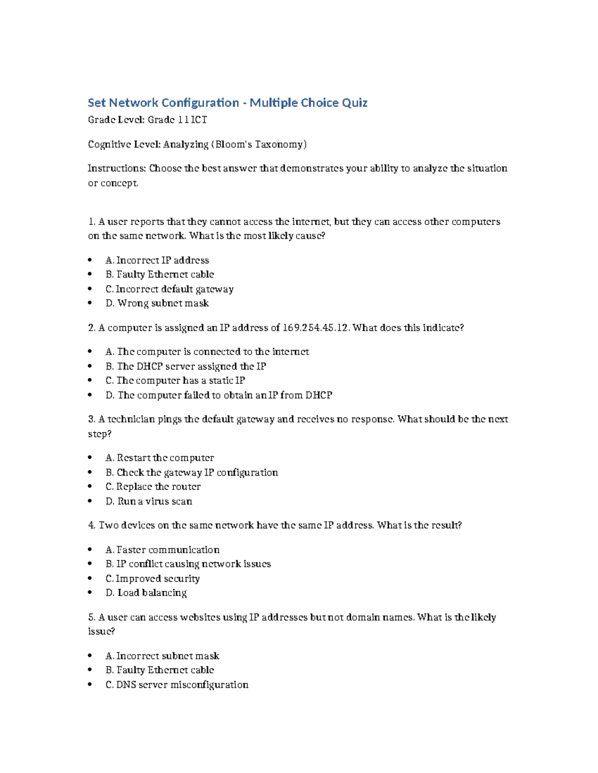 Set Network Configuration Quiz (Grade 11 ICT) - Analyzing - Studocu