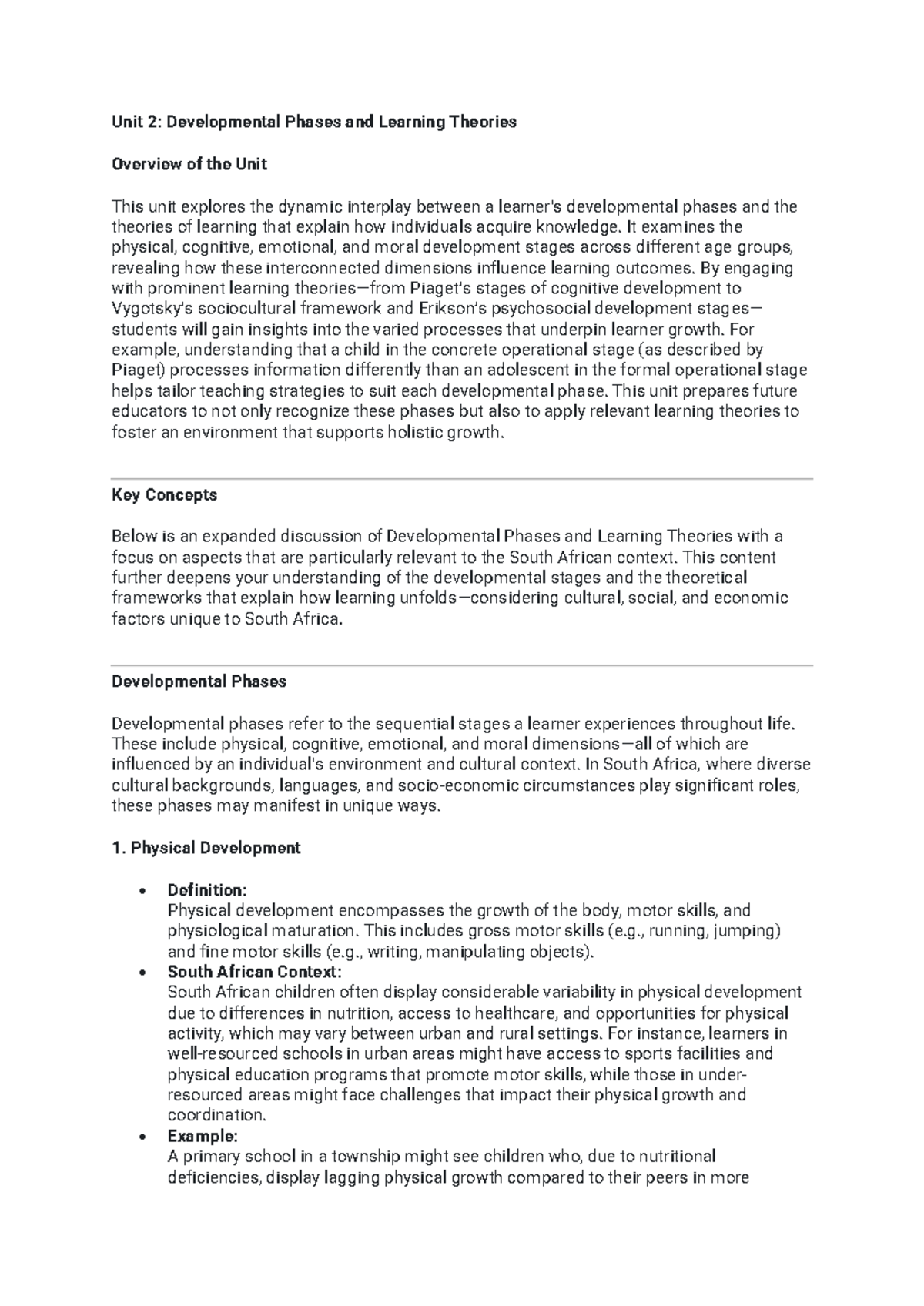HED4814 Unit 2: Developmental Phases & Learning Theories Overview - Studocu