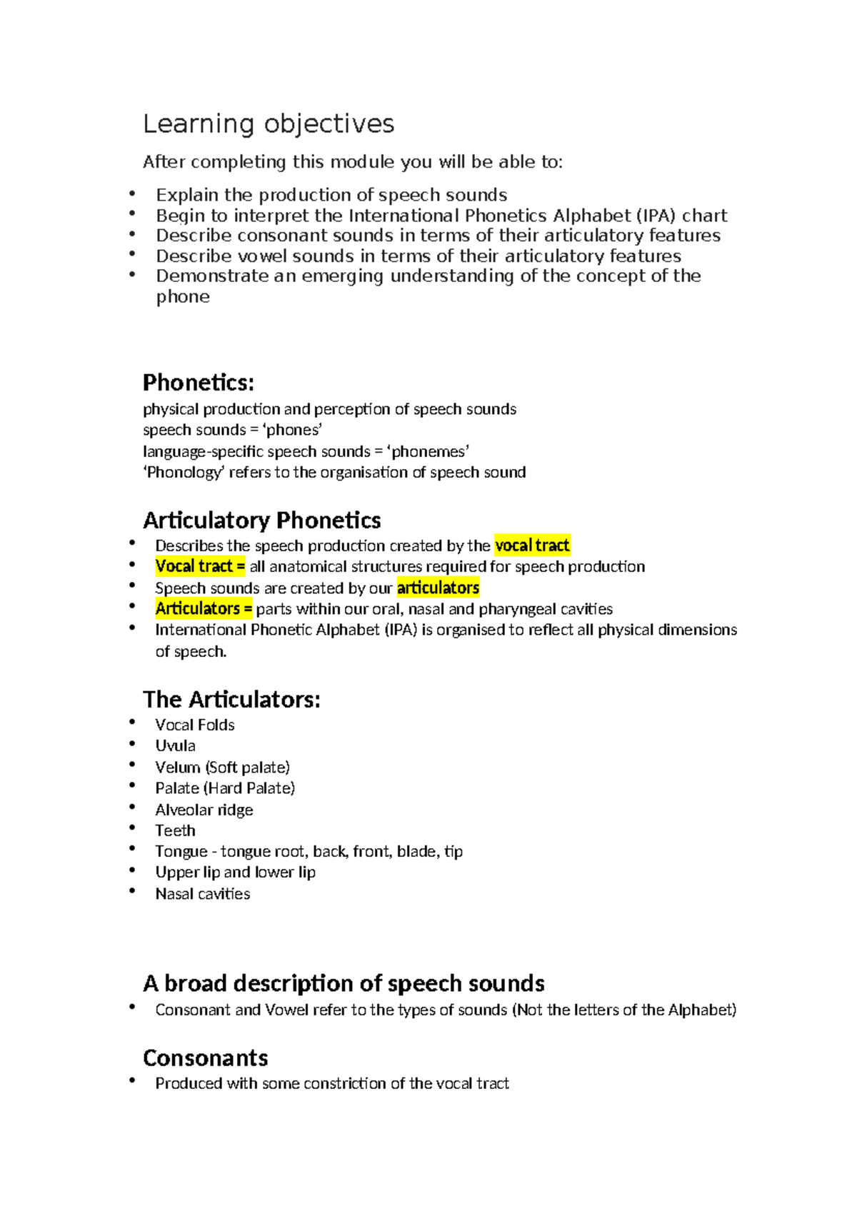 Phonetics Module 2: Speech Sounds & Articulatory Features - Studocu
