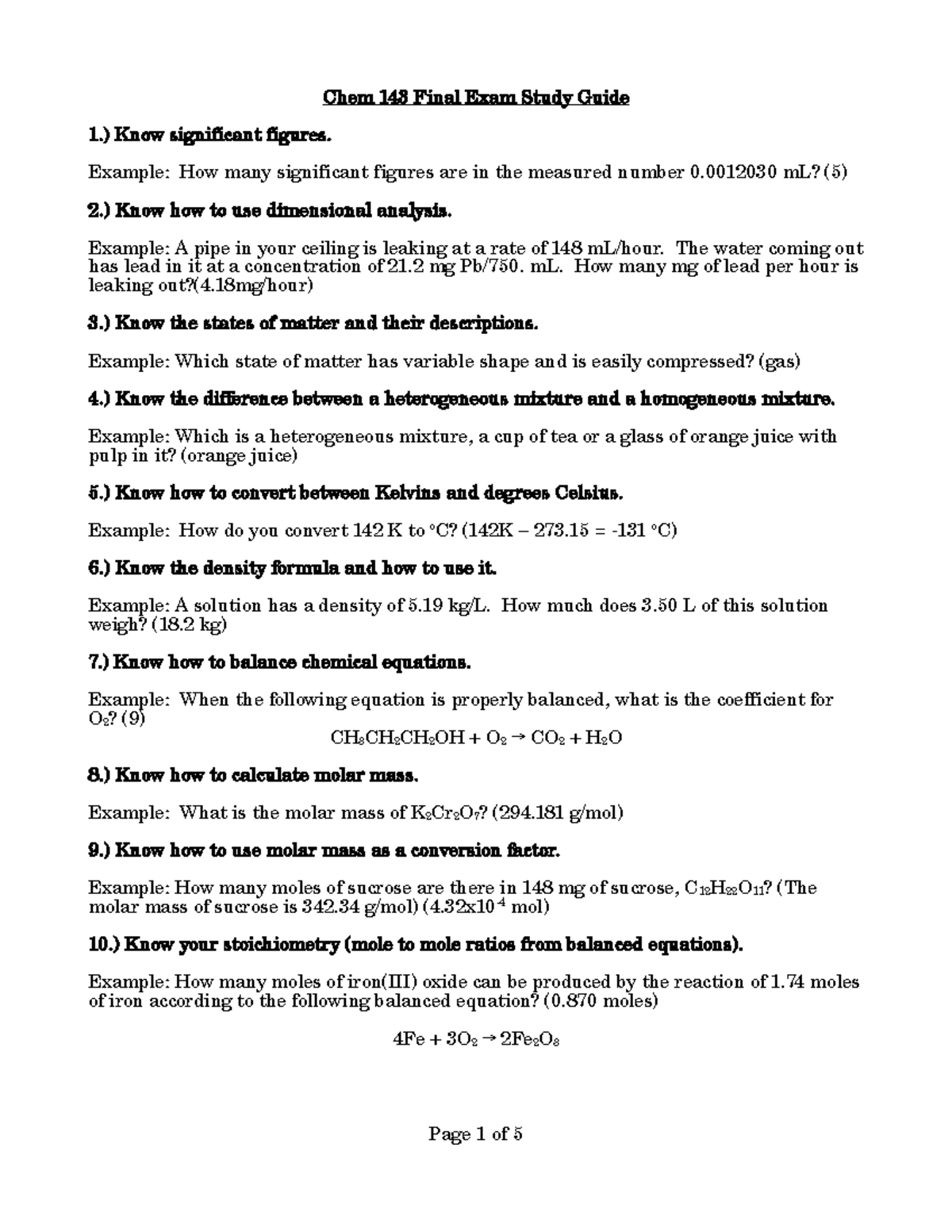 Chem 143 Final Exam Study Guide: Key Concepts and Examples - Studocu