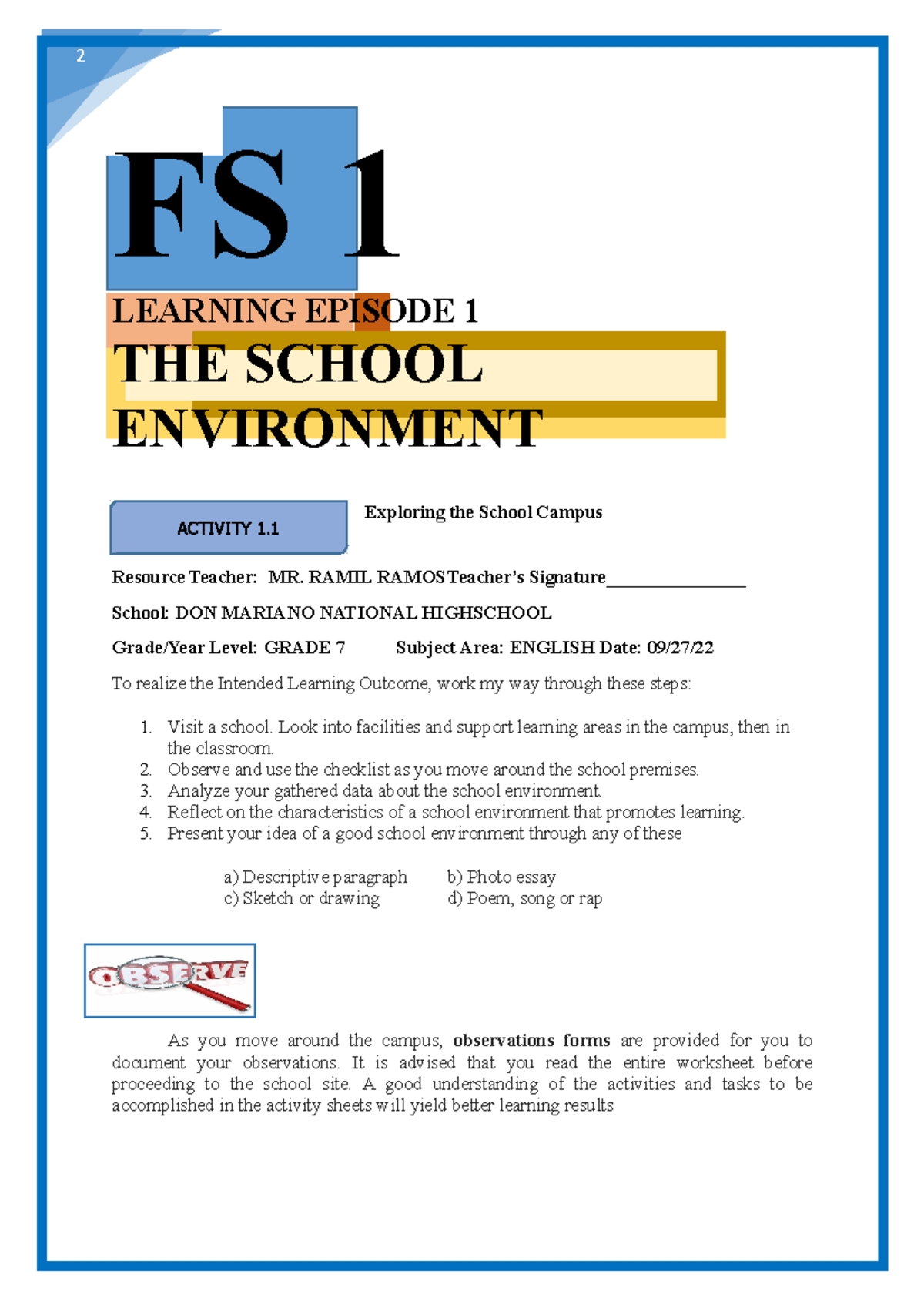 FS 1 (FULL) - Observing and Analyzing the School Environment - Studocu