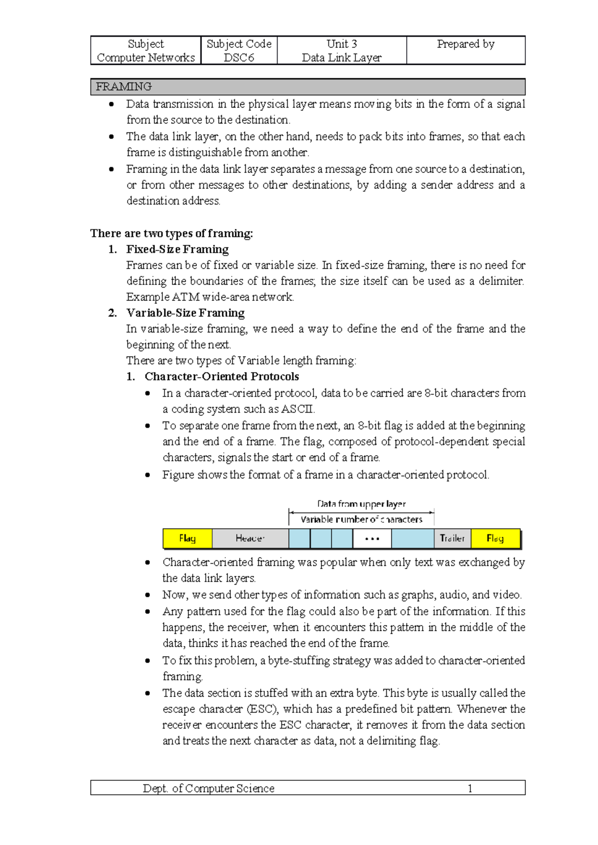 Unit 3: Data Link Layer Overview - Computer Networks DSC6 - Studocu