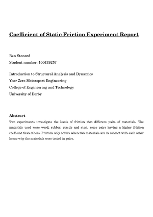 Lab report friction - THE CALCULATION OF THE COEFFICIENT OF FRICTION in ...