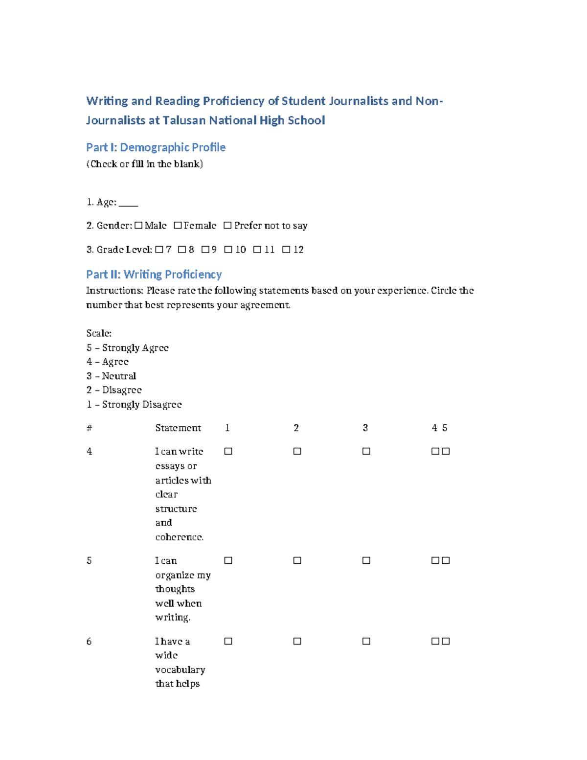 Writing and Reading Proficiency Survey: Talusan National High School ...