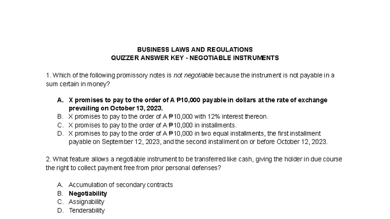 BUSINESS LAWS AND REGULATIONS QUIZ ANSWER KEY ON NEGOTIABLE INSTRUMENTS ...