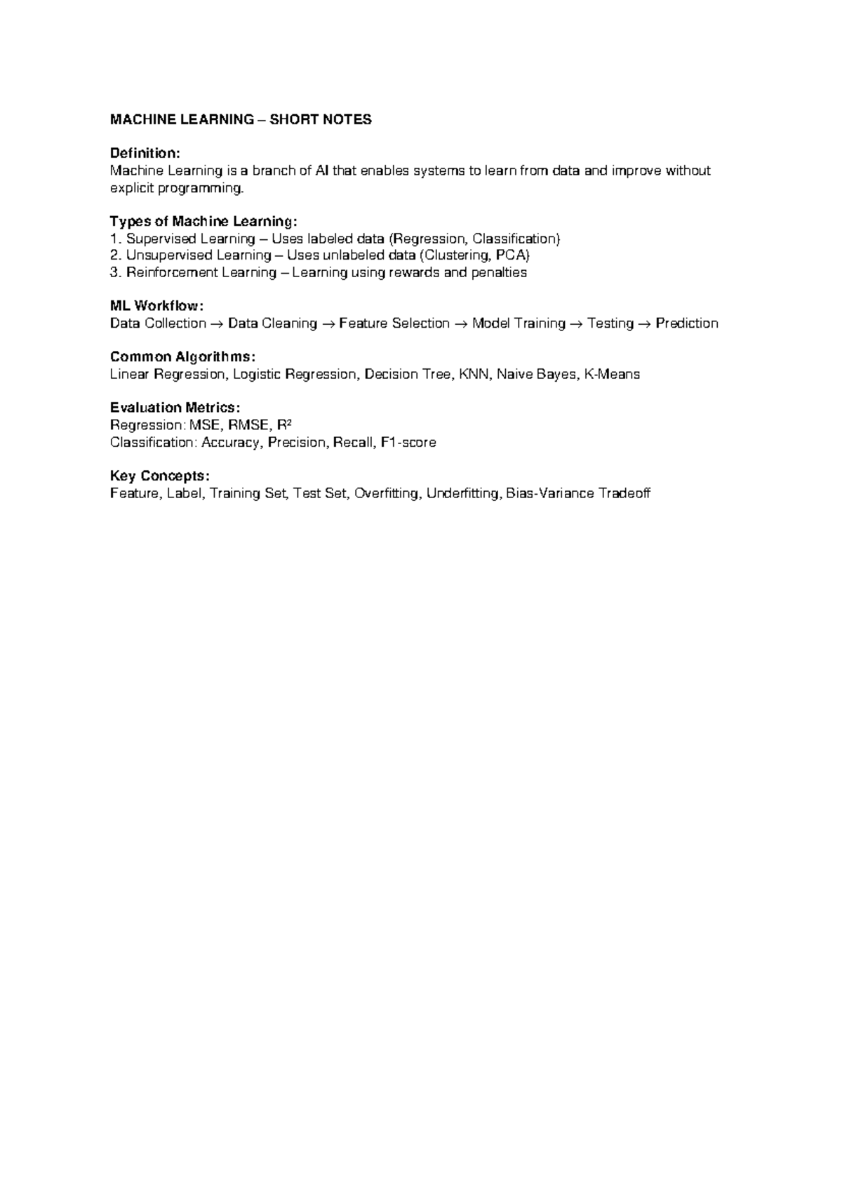 Machine Learning Short Notes - MACHINE LEARNING – SHORT NOTES ...