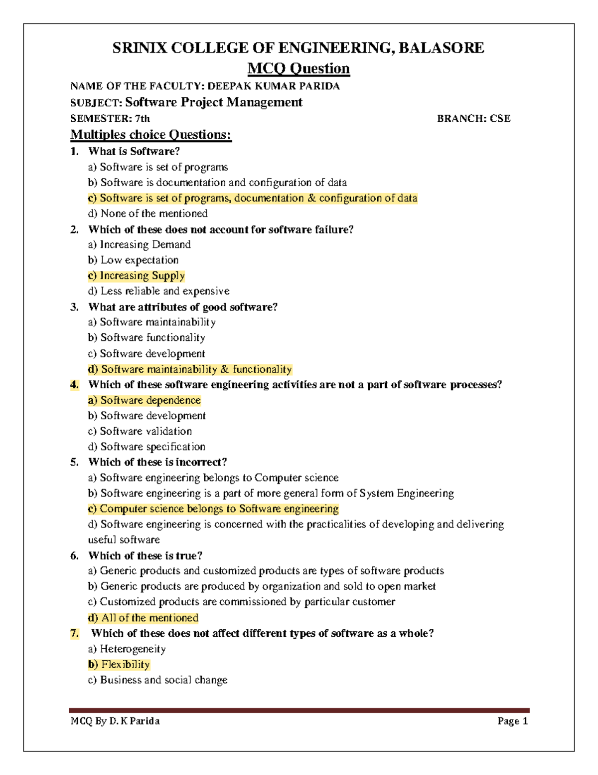 MCQ Questions for Software Project Management (SPM) - 7th Sem CSE - Studocu