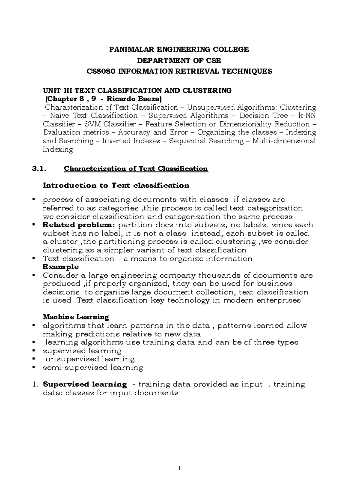 CS8080 UNIT 3: Text Classification and Clustering Techniques - Studocu
