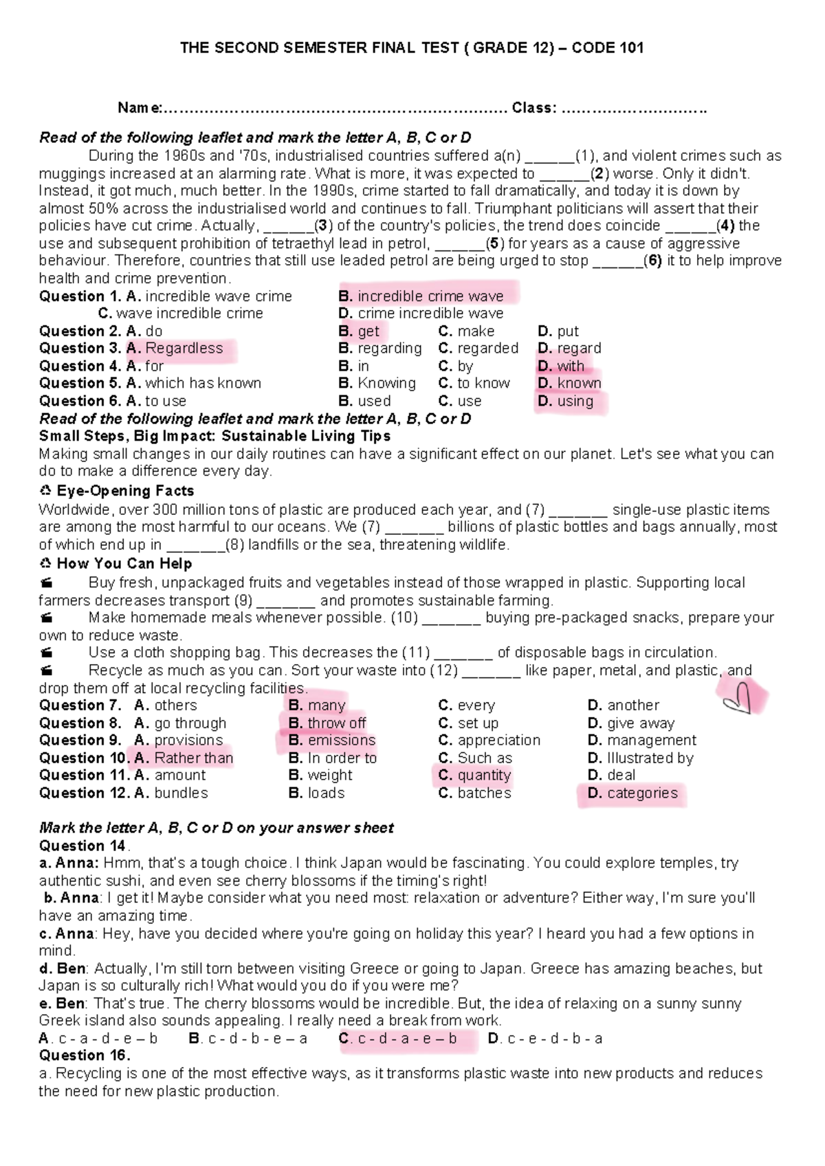 THE SECOND SEMESTER FINAL TEST (GRADE 12) CODE 101: Comprehensive ...